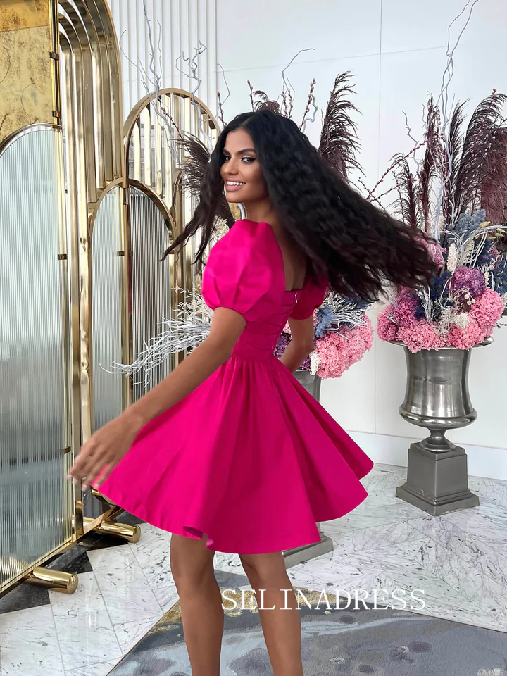 Hot Pink Short Prom Dress Puff Sleeve Homecoming Dress EWR426 – SELINADRESS