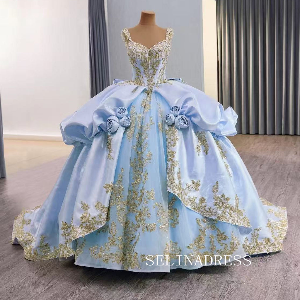 Light Sky Blue Ball Gown Prom Dress With Gold Applique Quincess Weddin ...