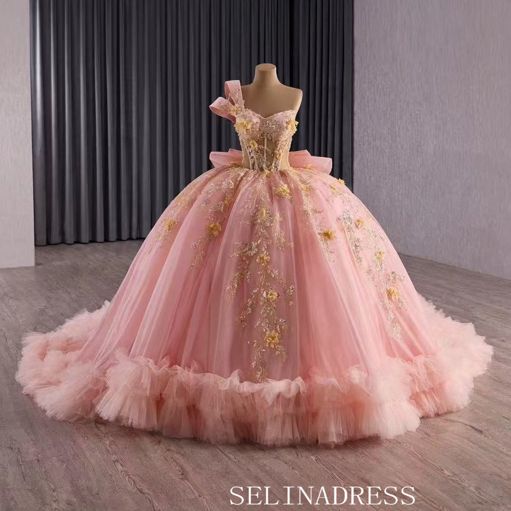 Luxury One Shoulder Ball Gown Quincess Dress Long Prom Dress Pink Wedd ...