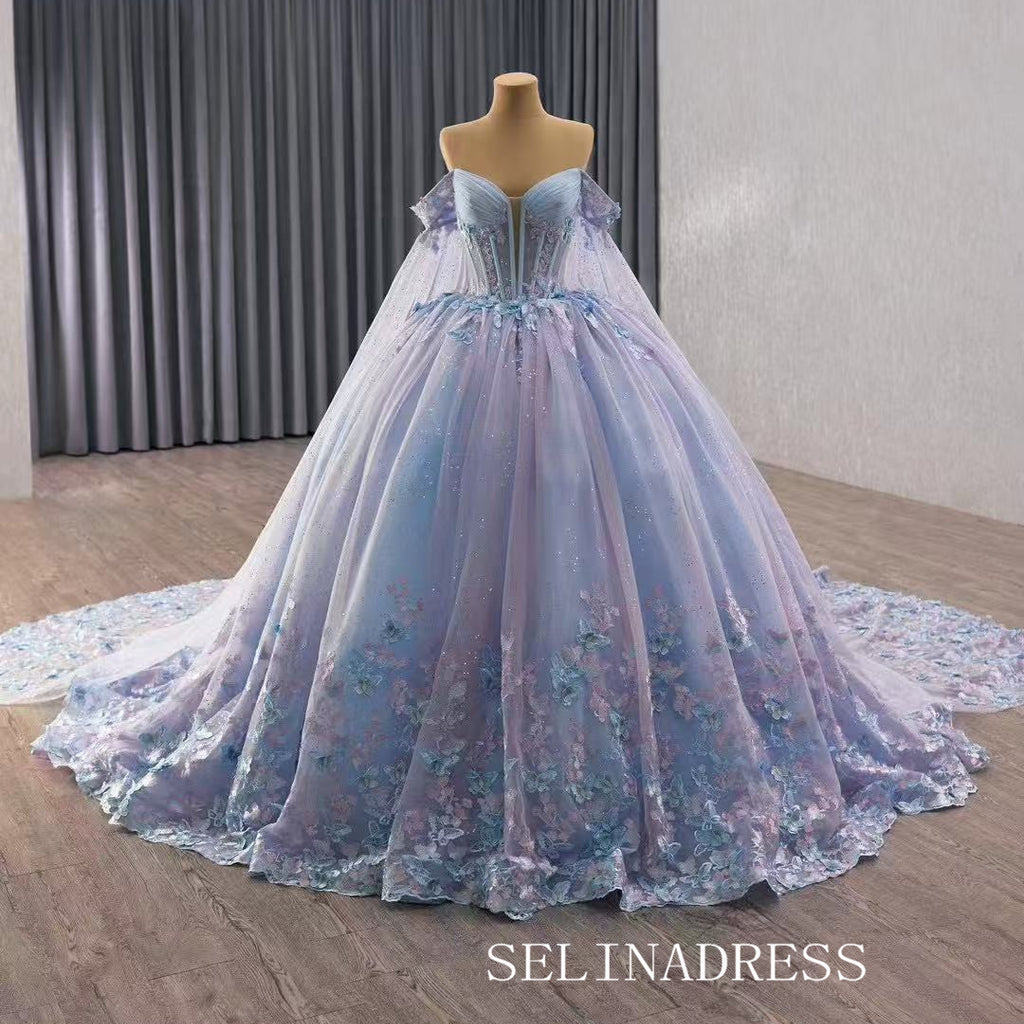 Off-the-shoulder Light Sky Blue Ball Gown Quincess Dress 3D Floral Lon ...