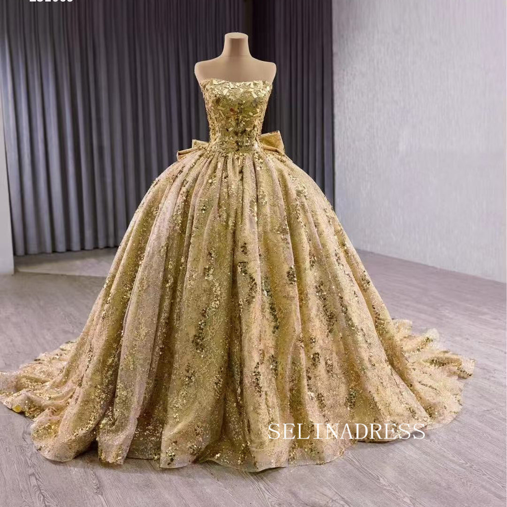 Sparkly Gold Ball Gown Long Formal Dress Strapless Quincess Wedding Dr ...
