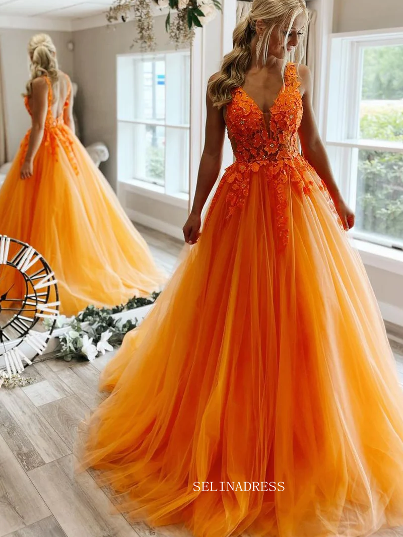 V-neck Orange Tulle Lace Applique Ball Gown Long Prom Dress sew1032 ...