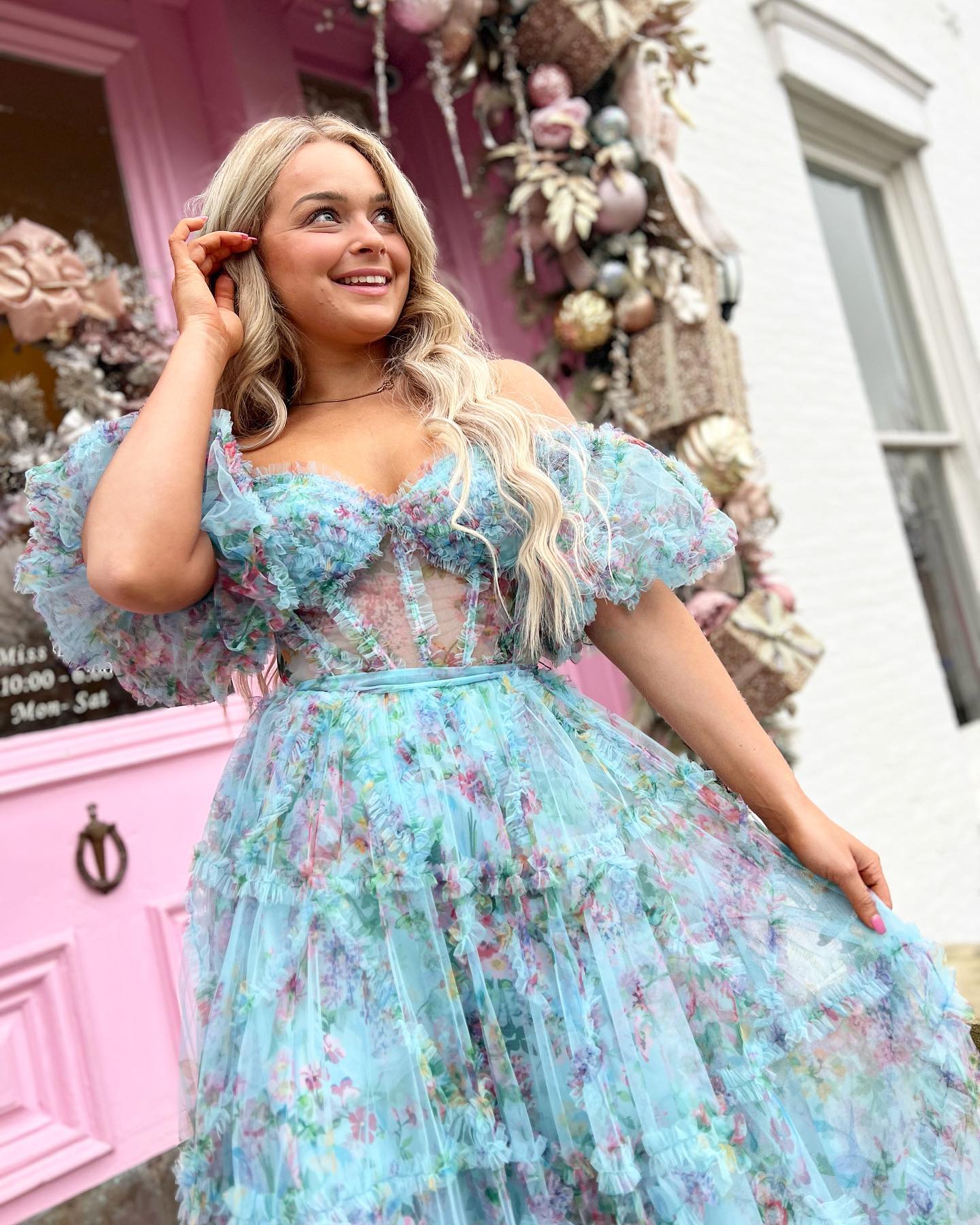 A-line Off-the-shoulder Puff Sleeve Blue Prom Dress Floral Long Evenin ...