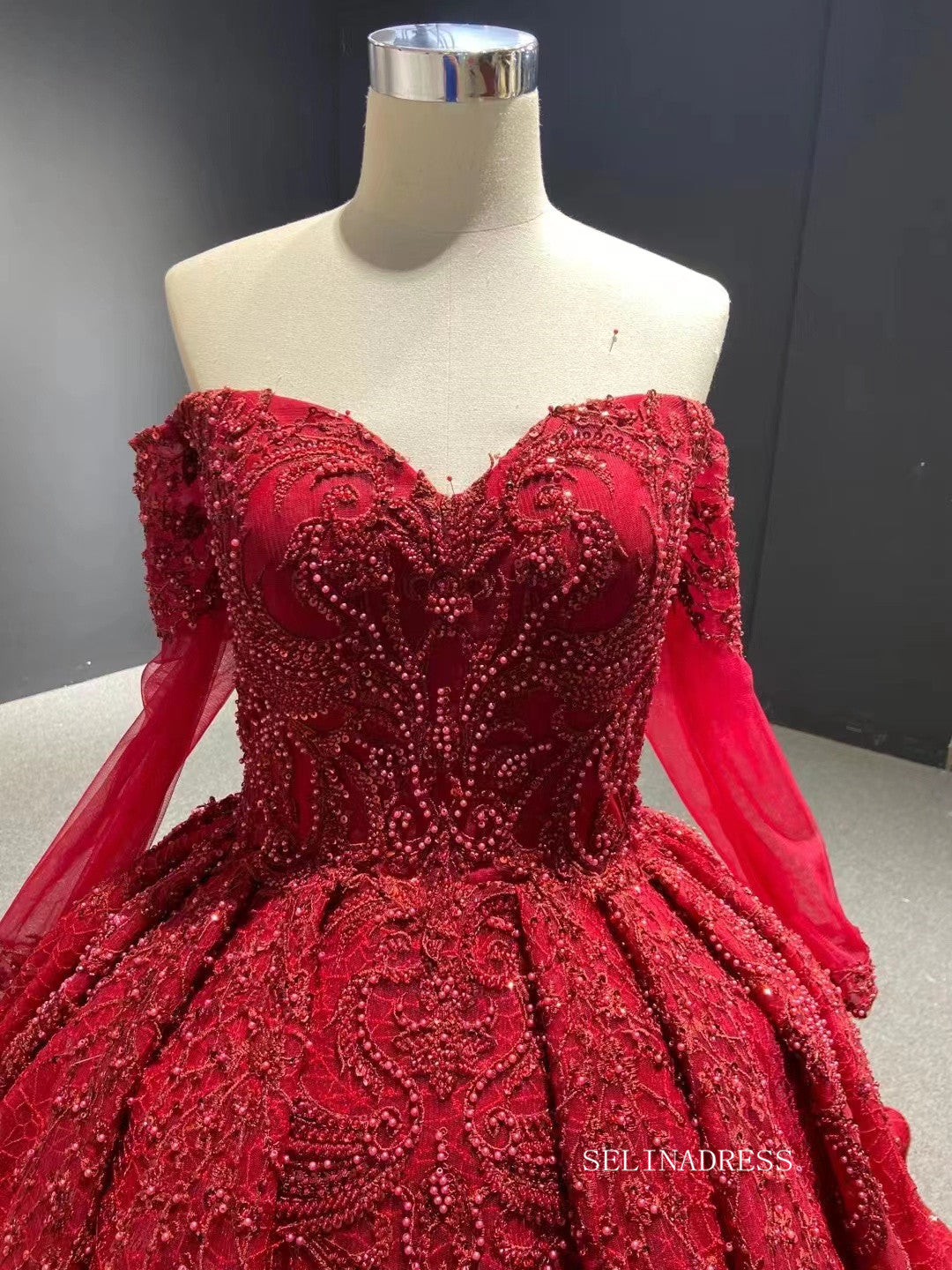 Luxury Strapless Long Sleeve Red Ball Gown Prom Dress Beaded Quincess ...