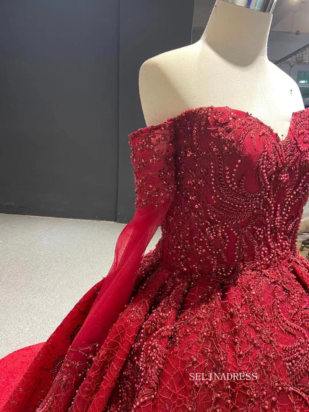 Luxury Strapless Long Sleeve Red Ball Gown Prom Dress Beaded Quincess ...