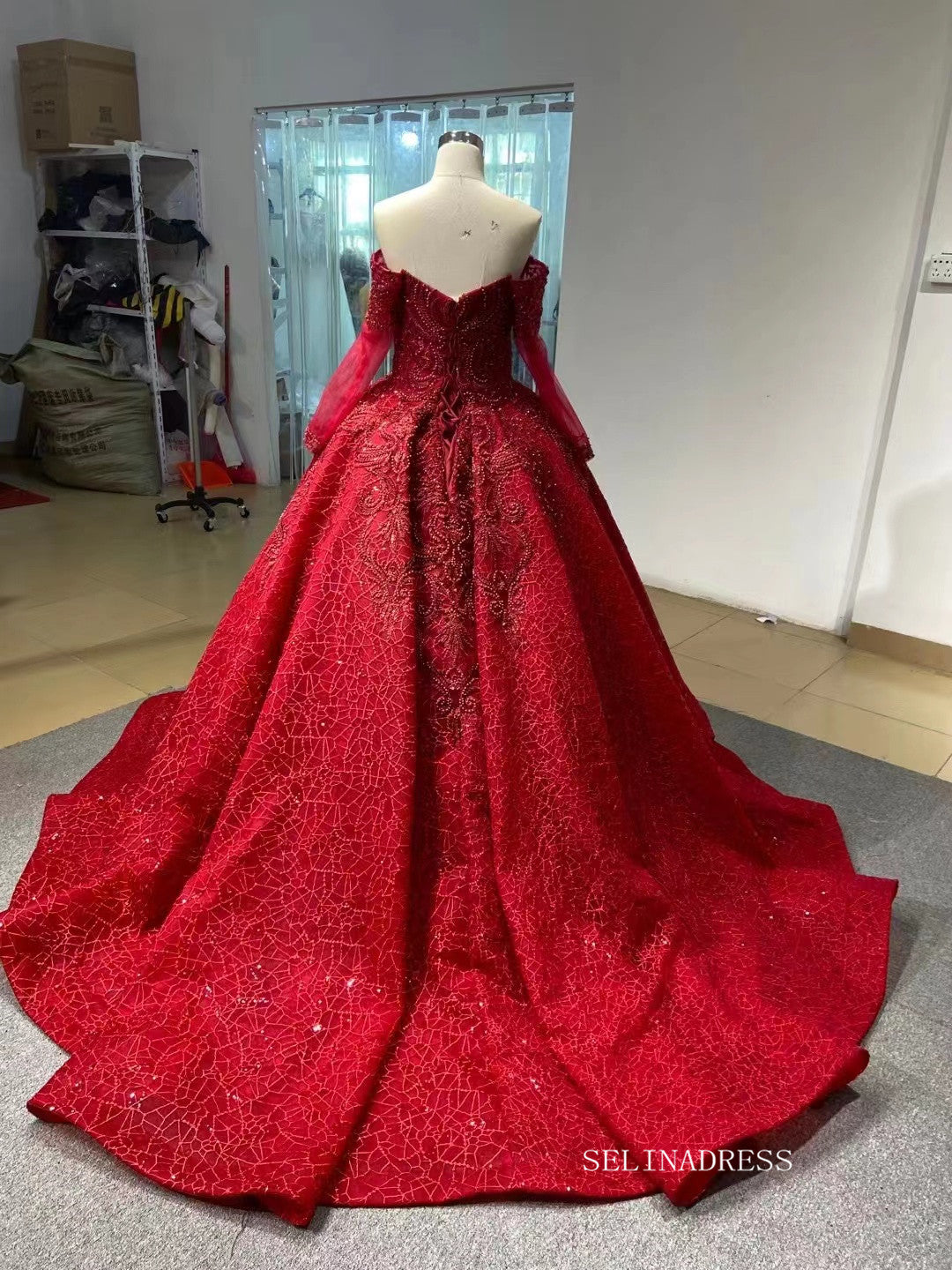 Luxury Strapless Long Sleeve Red Ball Gown Prom Dress Beaded Quincess ...