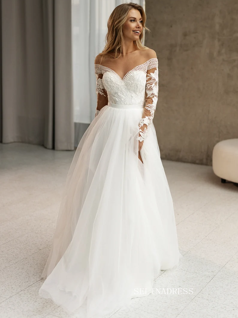 Rustic Long Sleeve Lace Wedding Dress With Lining A-line Beach Wedding ...