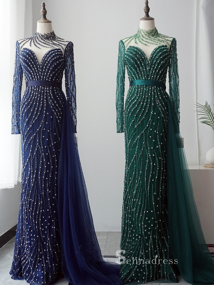 Mermaid High Neck Luxury Beaded Long Prom Dresses Dark Navy Evening Dr ...
