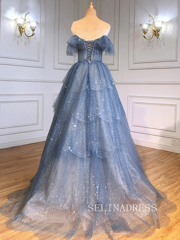 A-line Off-the-shoulder Blue Prom Dress Long Sparkly Evening Formal Go ...