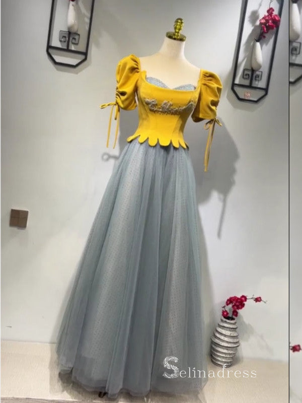 A-line Straps Short Sleeve Long Formal Dress Yellow Princess Prom Dres ...