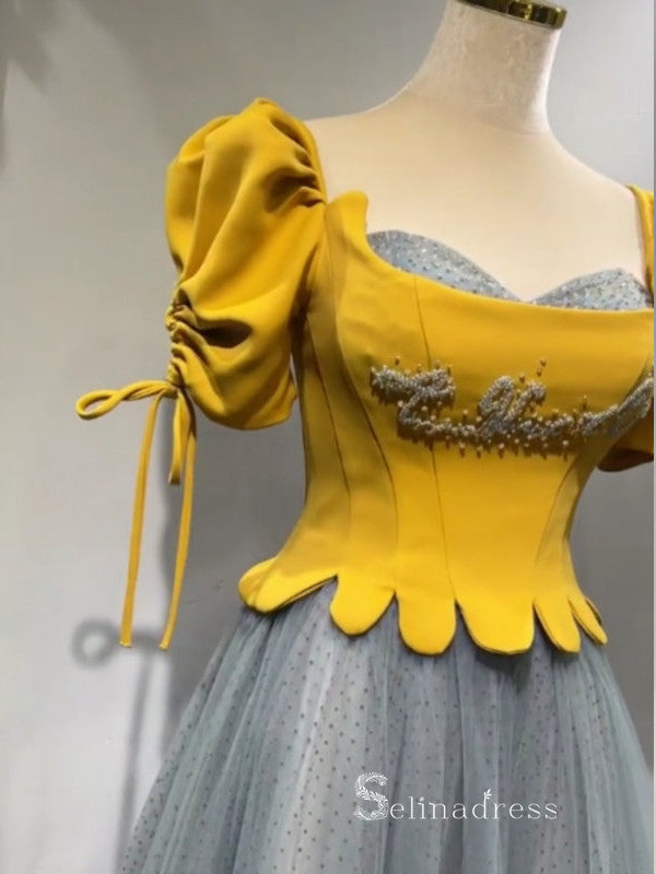 A-line Straps Short Sleeve Long Formal Dress Yellow Princess Prom Dres ...