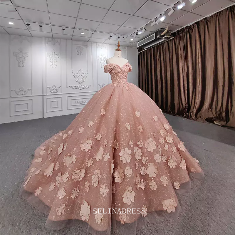 Ball Gown Beaded Floral Rose Pink Long Formal Dress Quincess Evening D ...