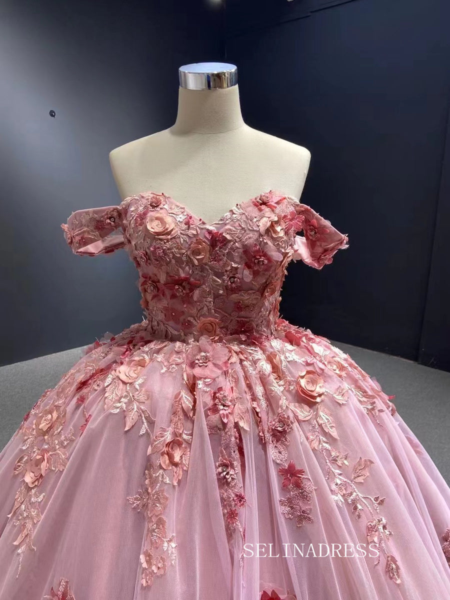 Ball Gown Off-the-shoulder Pink Luxury Prom Dress 3D Floral Quincess E ...