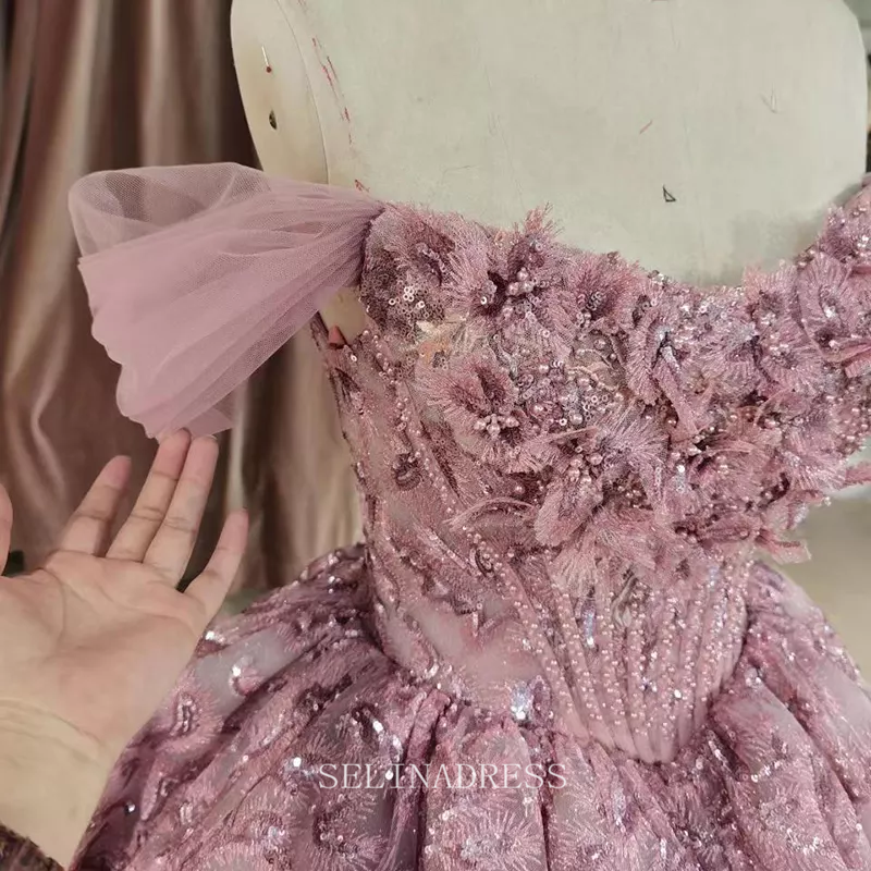 Beautiful Pink Off Shoulder Quincess Ball Gown Feather Evening Dresses ...