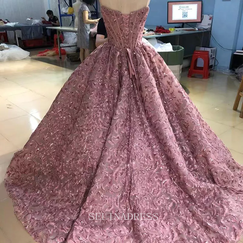 Beautiful Pink Off Shoulder Quincess Ball Gown Feather Evening Dresses ...