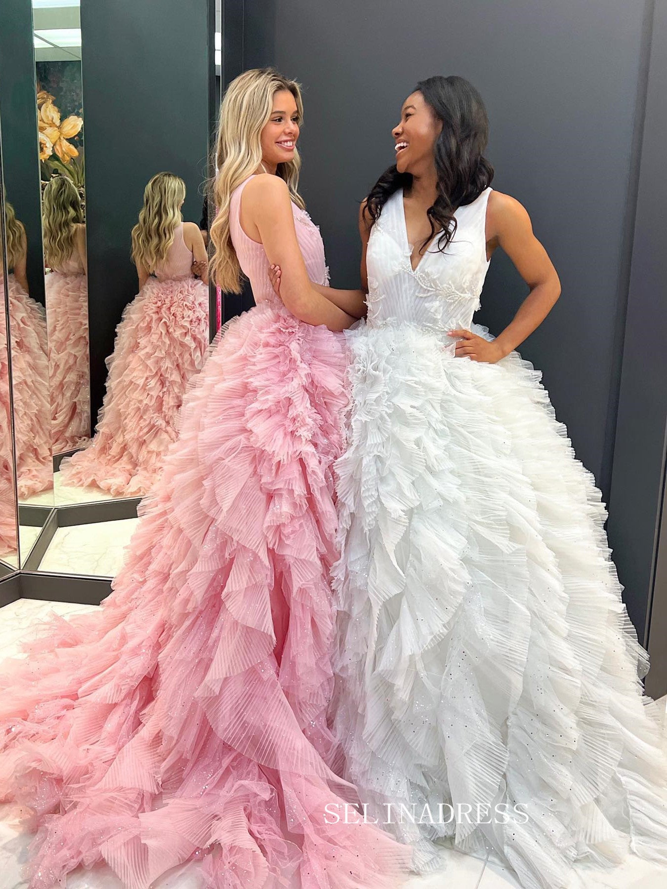 Chic A-line V neck Pink Long Prom Dress Ruffles Elegant Evening Dress ...