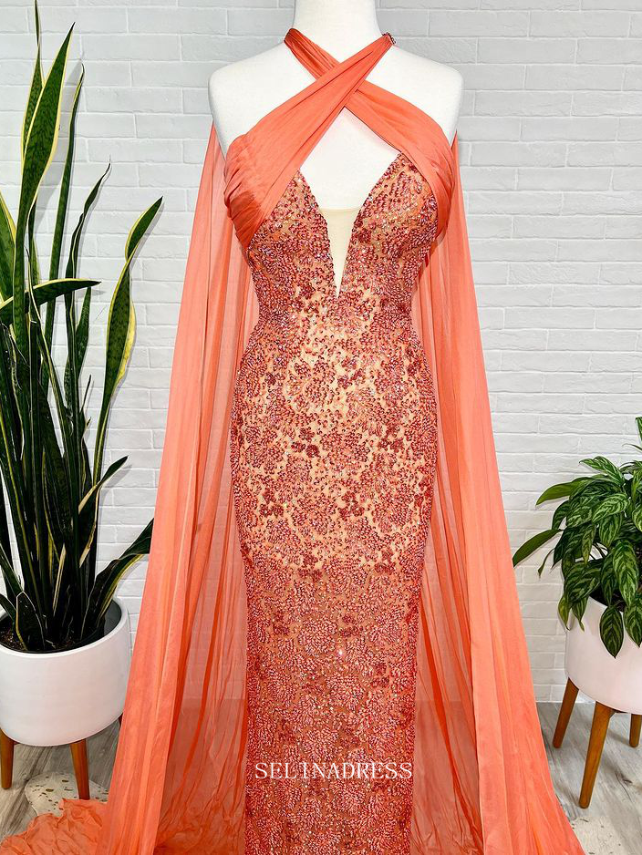 Chic Mermaid Orange Long Prom Dresses Beaded Evening Gowns Pageant Dre ...