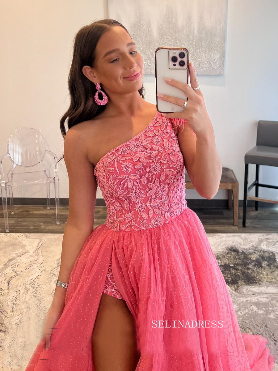 Elegant One Shoulder Prom Dress Pink Feather Formal Dress Pageant Dres ...