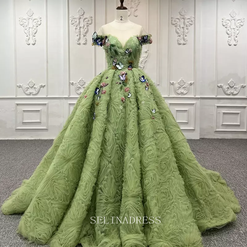 Glamorous Ruffle Butterfly Off Shoulder Sage Ball Gown Evening Dress G ...