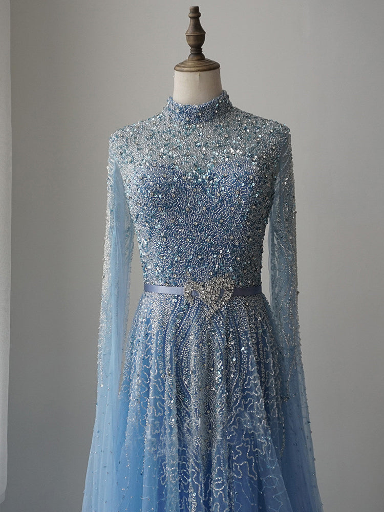 luxurious A-Line High Neck Blue Prom Dress Long Sleeve Beaded Evening ...
