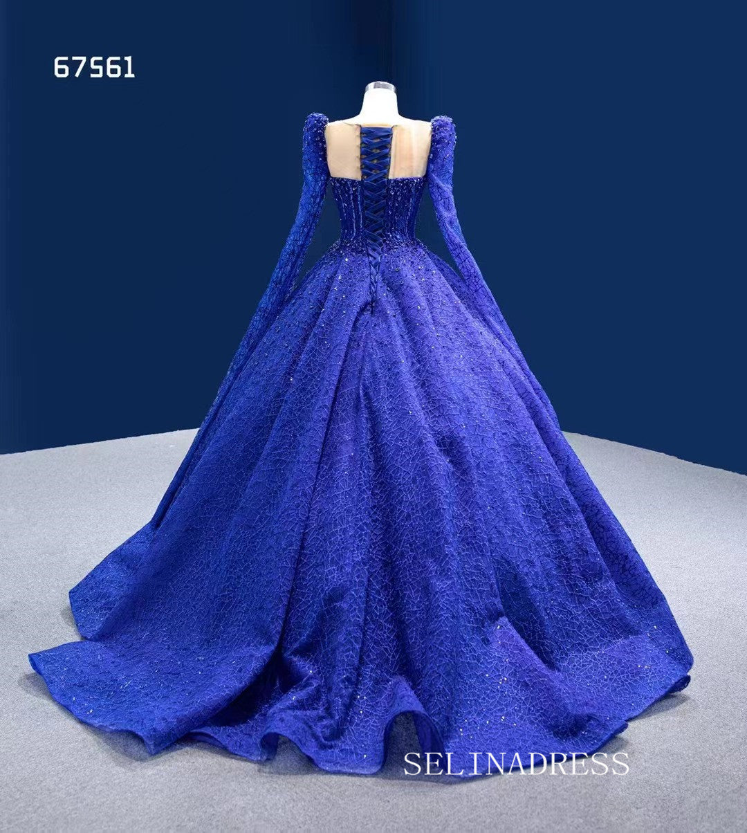 Luxury Scoop Long Sleeve Royal Blue Ball Gown Prom Dress Beaded Quince ...