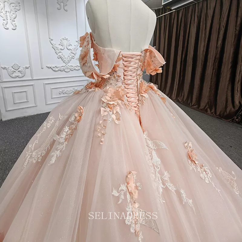 Off Shoulder Flower Tulle Ball Gown Quincess Ladies Evening Dresses DY ...