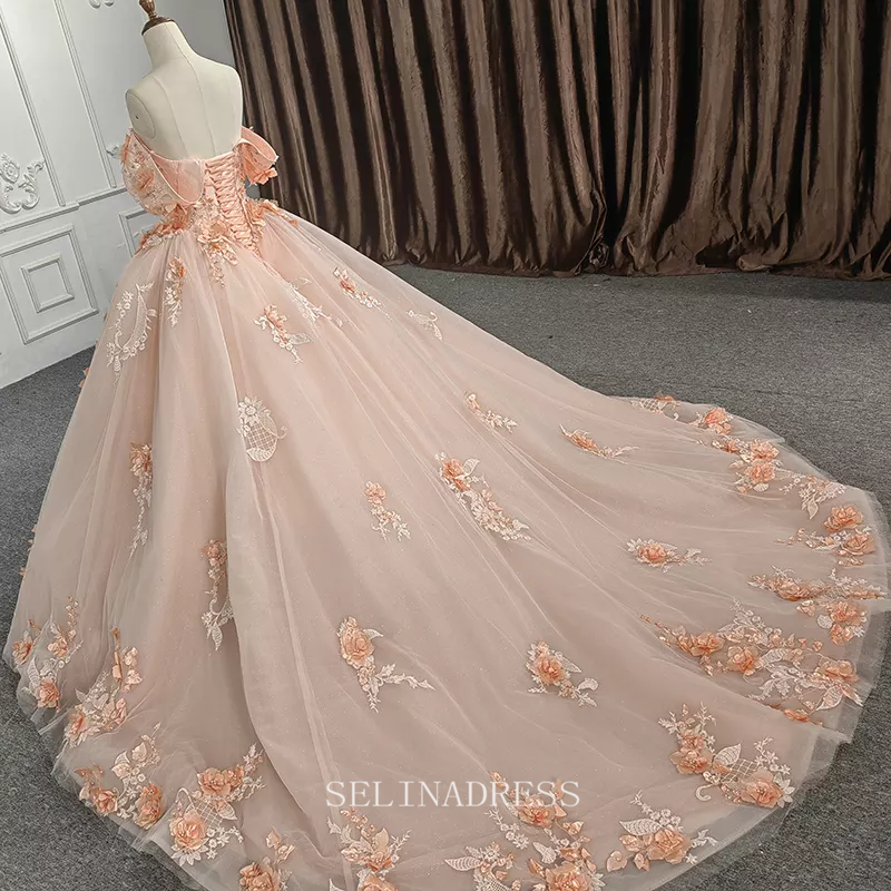Off Shoulder Flower Tulle Ball Gown Quincess Ladies Evening Dresses DY ...