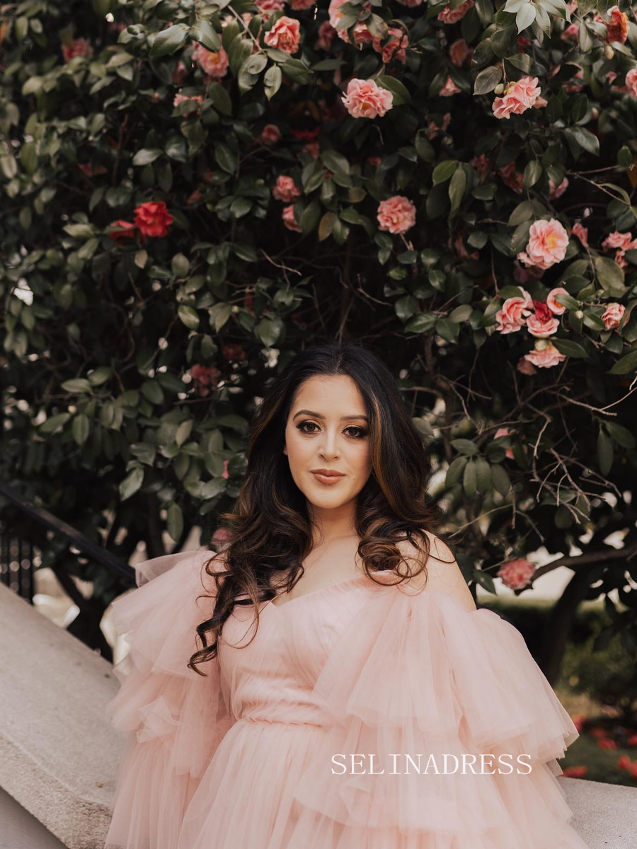 Off-the-shoulder V neck Lemonade Photography Costumes Pink Long Prom D ...